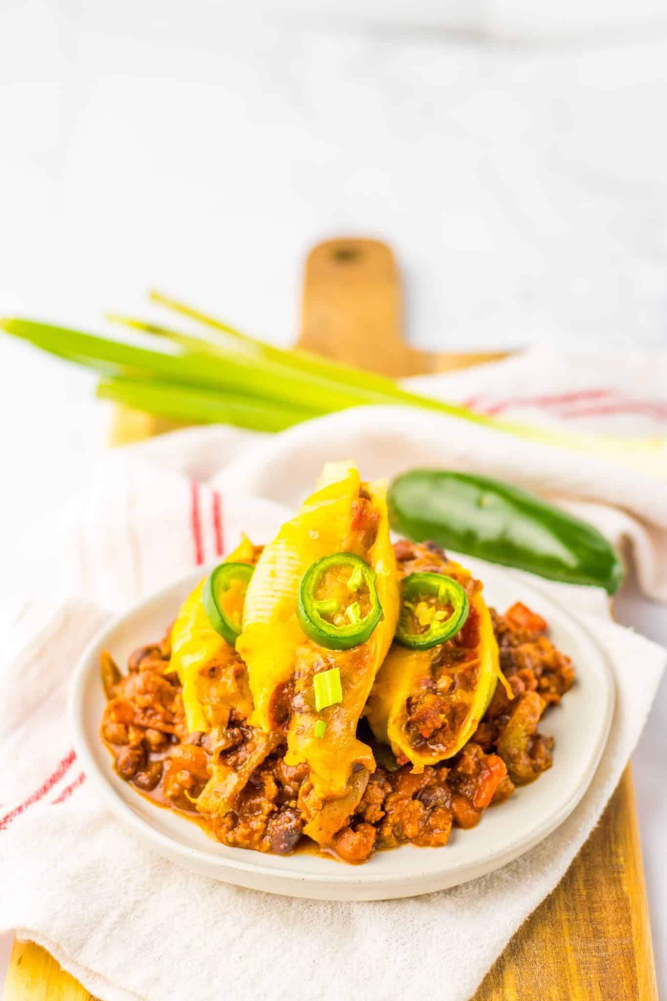 Chili Cheese Stuffed Shells - Life With The Crust Cut Off